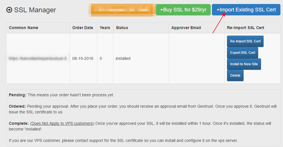 How to import an existing SSL certificate to myASP.NET?
