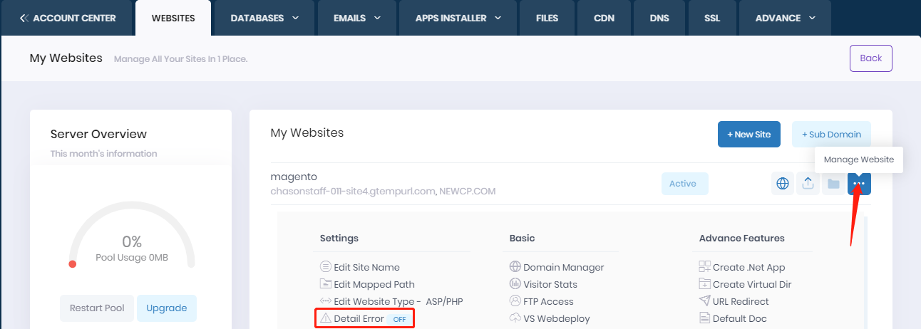 How to enable/disable IIS detail error from your control panel