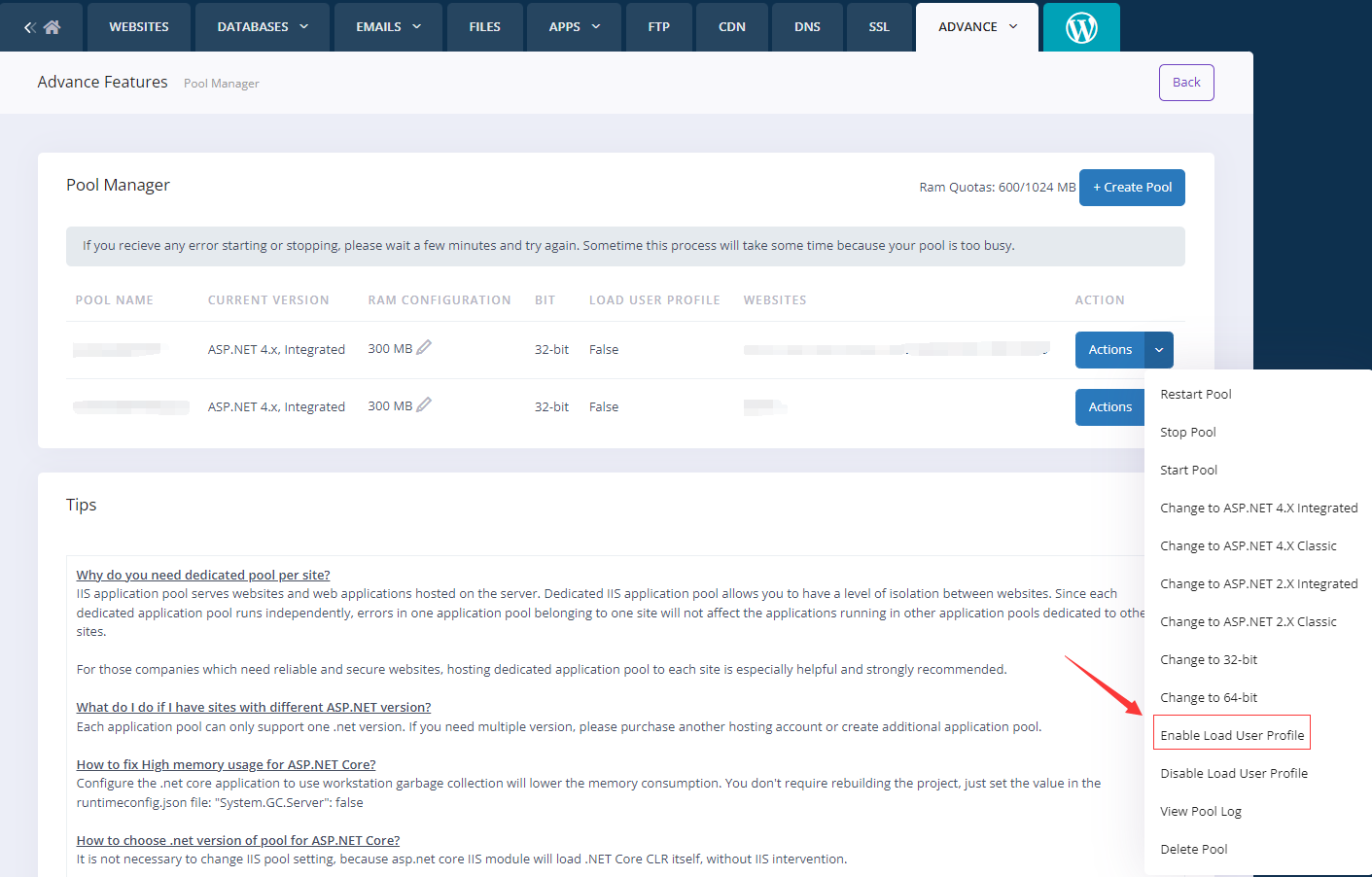 How to enable application pool load user profile - myASP.NET