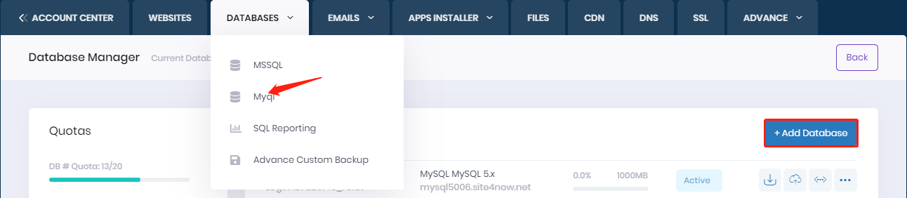How can I create Mysql database from my hosting control panel?