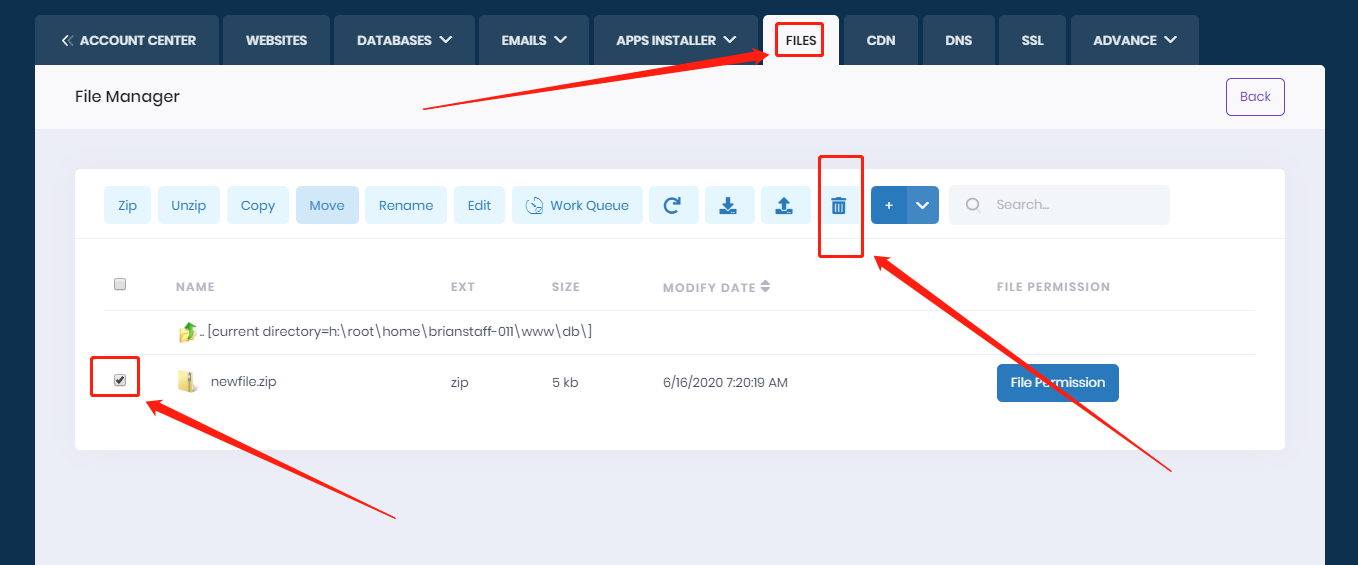How can I delete a file or folder with File Manager from control panel?