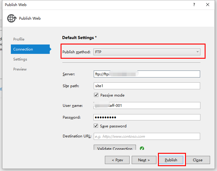How to use FTP to publish application via Visual Studio 2015?